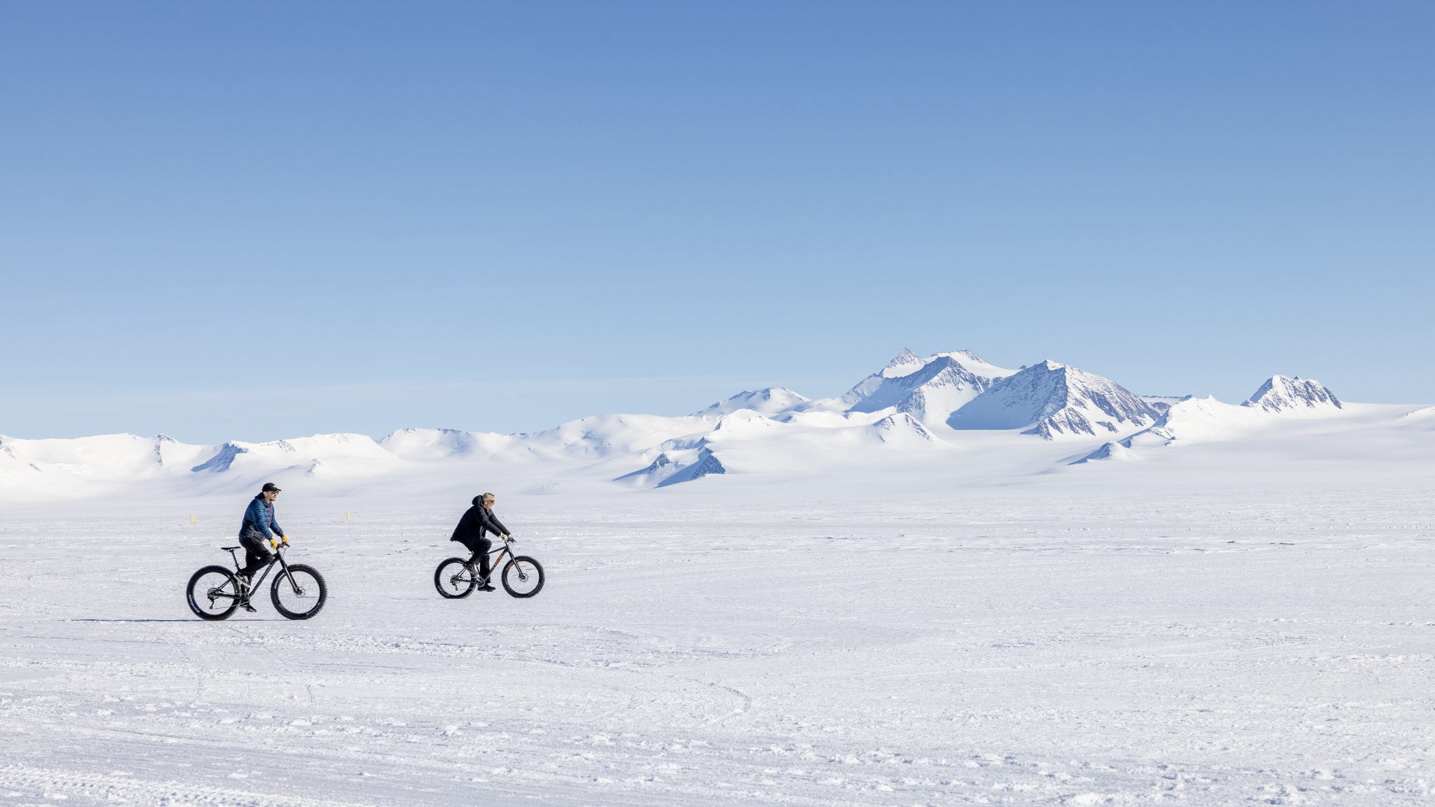 Riding fat tire bikes at Union Glacier - Antarctic Logistics & Expeditions